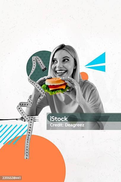 스케치 합성물 3d 사진 콜라주 트렌드 삽화 아가씨 먹다 손 잡아 햄버거 식사 저녁 식사 요리의 칼로리 급송 통치자 다이어트 포크 20 24세에 대한 스톡 사진 및 기타