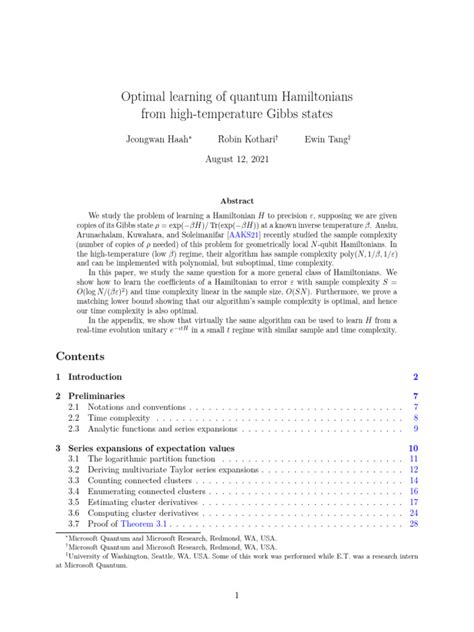 Optimal Learning Of Quantum Hamiltonians From High T Gibbs State Pdf