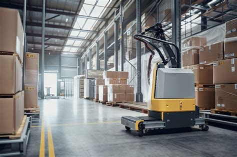 Materials Handling Robot Loading Box Onto Pallet With View Of Busy Warehouse Visible In The