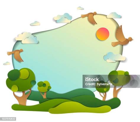 푸른 들판과 나무의 경치가 하늘에 구름 새와 태양 복사 공간 종이 컷 일러스트 시골의 휴일 여행 및 관광 테마와 프레임 배경 경관에 대한 스톡 벡터 아트 및 기타 이미지