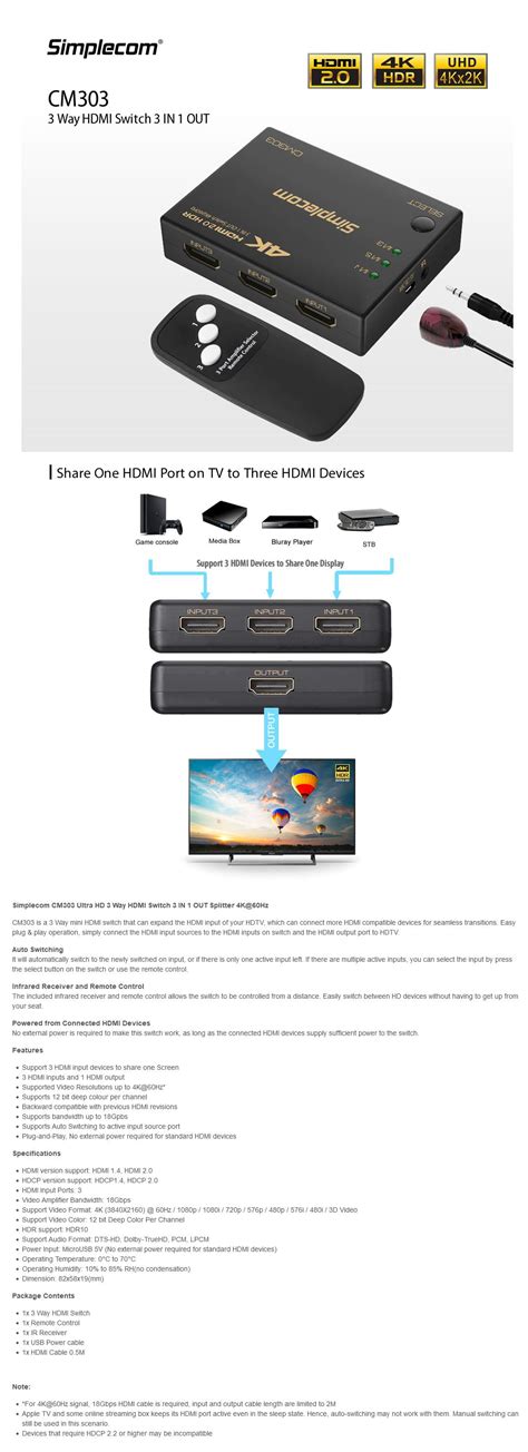 Simplecom CM303 3 Way HDMI 2 0 Switch 3 In 1 Out Splitter HDCP 2 0 4K 60Hz HDR PLE Computers