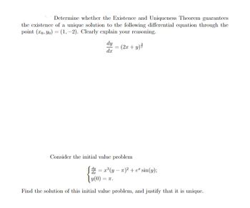 Answered Determine Whether The Existence And Uniqueness Theorem Guarantees The Existence Of A