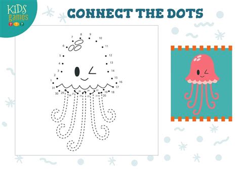 도트 키즈 게임 일러스트레이션을 연결하십시오 귀여운 해파리 캐릭터를 점으로 연결하여 활동을 그리는 취학 전 어린이 프리미엄 벡터
