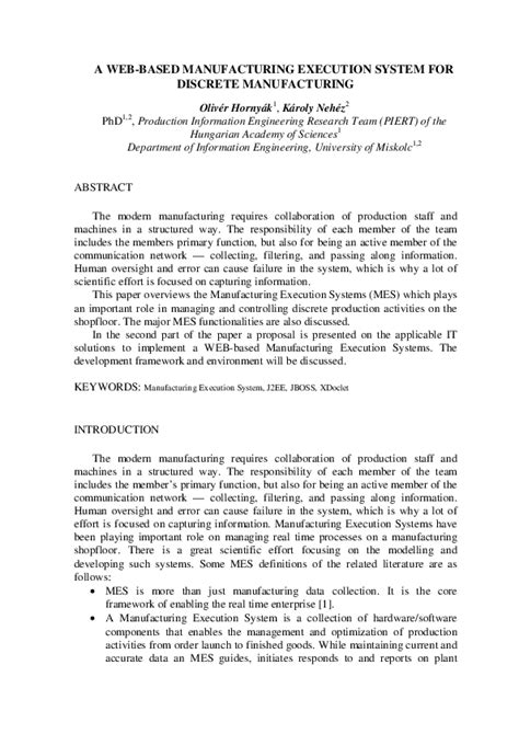 Pdf A Web Based Manufacturing Execution System For Discrete Manufacturing Károly Nehéz
