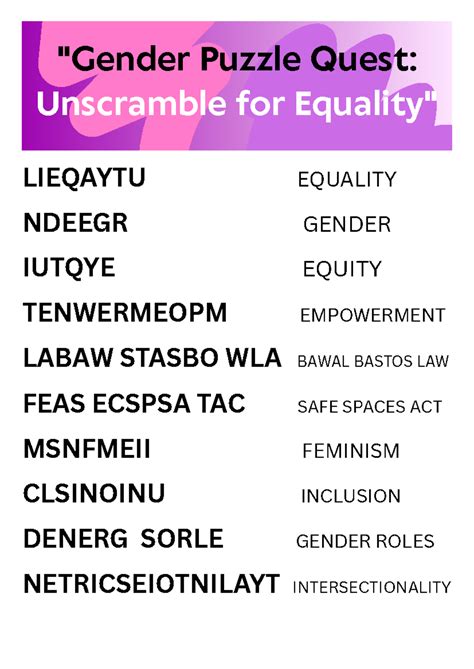 Jumbled Words Psychology Of Learning LIEQAYTU EQUALITY NDEEGR GENDER IUTQYE EQUITY