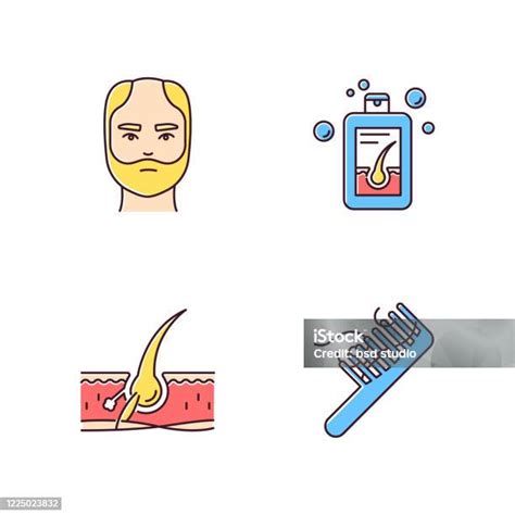 탈모 Rgb 색상 아이콘 세트 남자 대머리 치료 남성 탈모증 빗에 머리카락 가닥 손상된 여포 의료 샴푸 피부과 미용 격리된 벡터 일러스트레이션 개념에 대한 스톡 벡터 아트