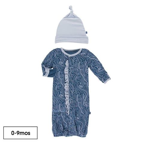 Kickee Pants Print Ruffle Layette Gown And Single Knot Hat Set In