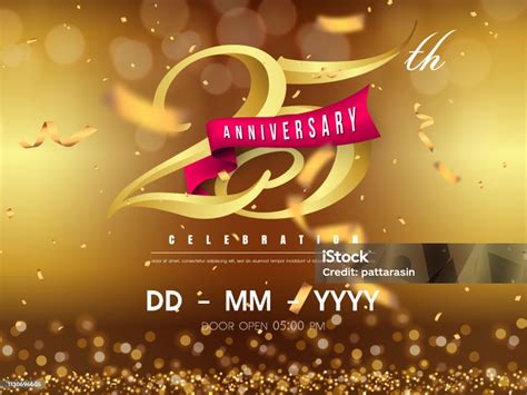 골드 바탕에 25 년 기념일 로고 템플릿입니다 레드 리본 25 축 하 하는 황금 번호 벡터 및 색종이 절연 디자인 요소 광고에 대한 스톡 벡터 아트 및 기타 이미지 Istock
