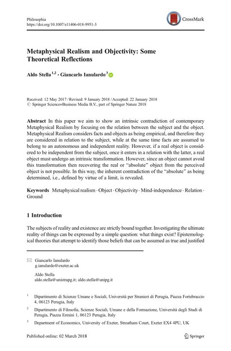 Pdf Metaphysical Realism And Objectivity Some Theoretical Reflections