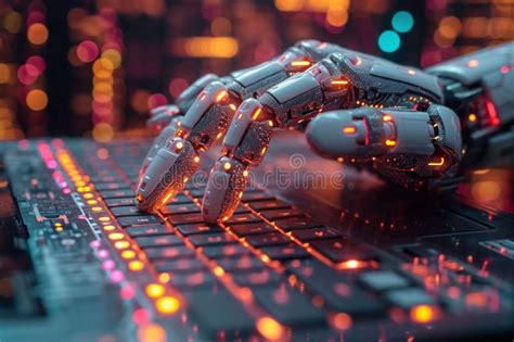 futuristic robotic hand typing on a keyboard with glowing lights stock