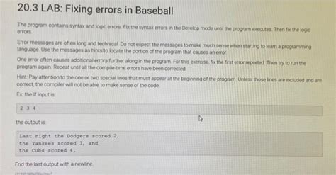 203 Lab Fixing Errors In Baseball The Program