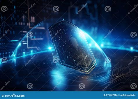 Digital Cyber Security Concept Shield On Circuit Board Background With Blue Lights Abstract