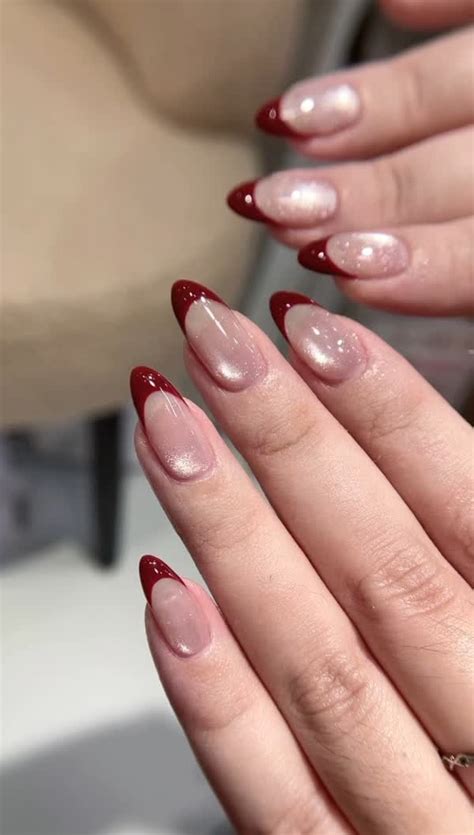 French Cat Eye Nails With Red Tips Elegant Manicure