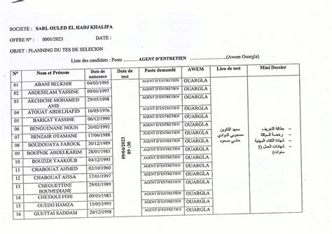 فحص مهني خاص بمؤسسة Sarl Ouled El Hadj Khalifa Khadam For Dz