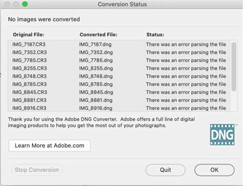 unable to convert raw c3 images using adobe dng co adobe product