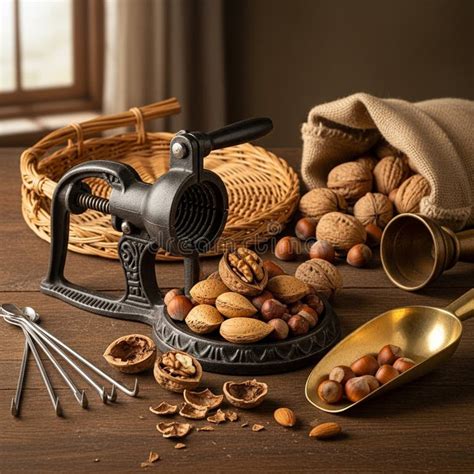 An Old Fashioned Nutcracker With A Metal Crank Sits On A Wooden Table
