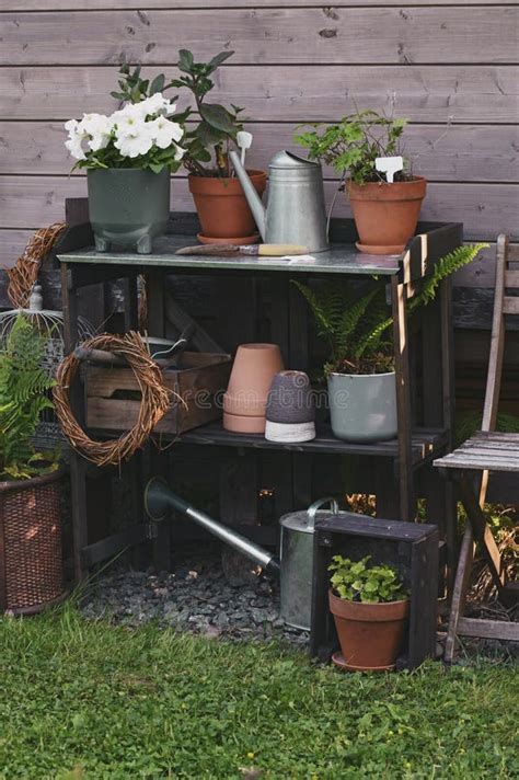 Gardener Work Bench Potting Table In Summer Garden Stock Image