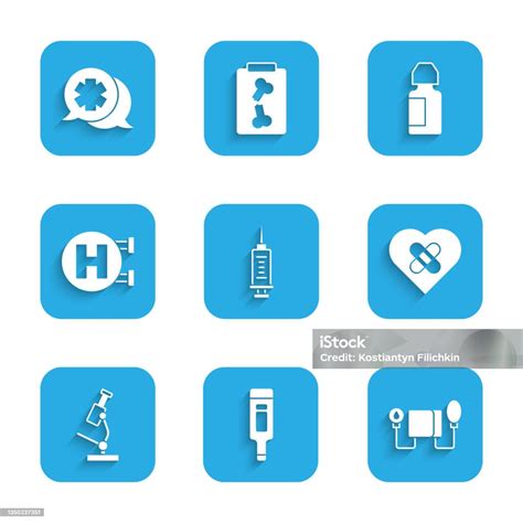 주사기 디지털 온도계 혈압 치유된 상한 심장 현미경 병원 간판 아이 드롭 병 및 의사 아이콘과의 대화 세트 벡터 건강 진단에 대한 스톡 벡터 아트 및 기타 이미지 Istock