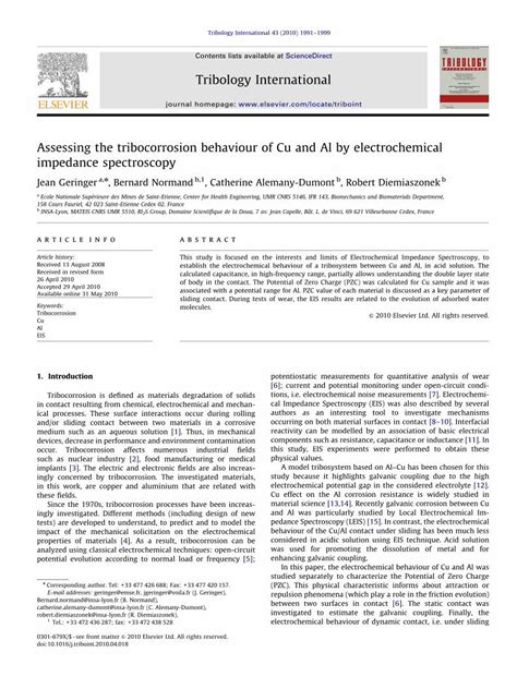 Pdf Assessing The Tribocorrosion Behaviour Of Cu And Al By