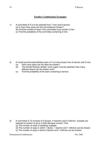 Combinations Questions Teaching Resources