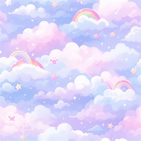 Seamless Pattern Beautiful Sky Cloud Rainbow Pastel Watercolor