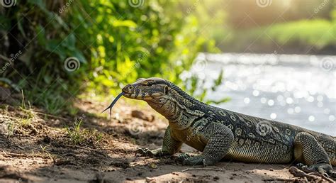 Nile Monitor Lizard Near Riverbank In Natural Habitat At Sunrise Stock