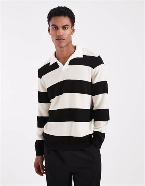 Asos Design Knitted Long Sleeve Rugby Polo In Black And Ecru Stripe Asos