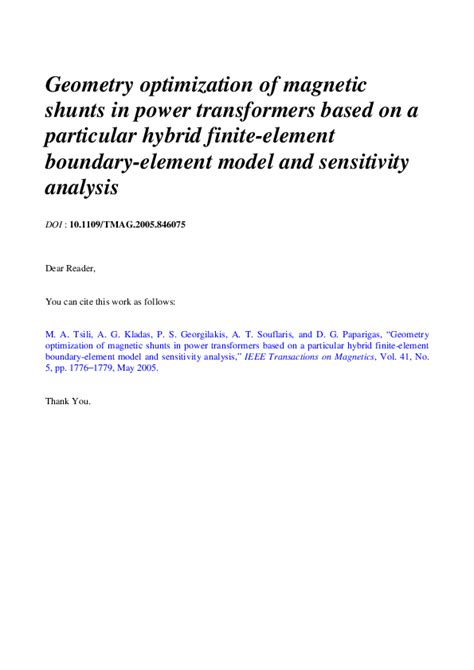 Pdf Geometry Optimization Of Magnetic Shunts In Power Transformers Based On A Particular