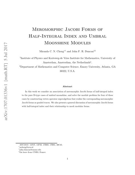 Pdf Meromorphic Jacobi Forms Of Half Integral Index And Umbral Moonshine Modules