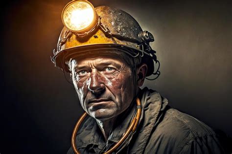 Premium Photo Portrait Of Miner Wearing Helmet With Lamp And Overalls Inside Coal Mining