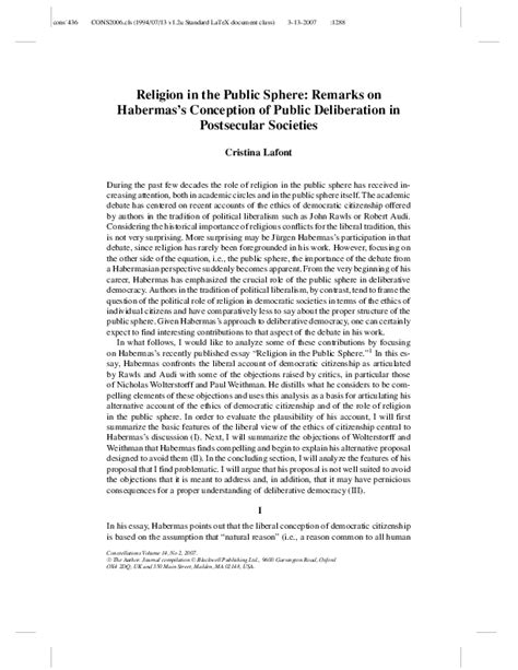 Pdf Religion In The Public Sphere Remarks On Habermass Conception