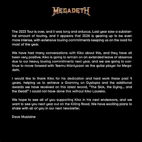 Dave Mustaine Nous Allons Avancer Avec Teemu MÄntysaari En Tant Que