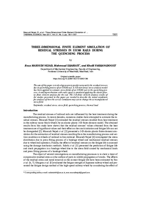 Pdf 3d Finite Element Simulation Of Residual Stresses In Uic60 Rails During The Quenching Process