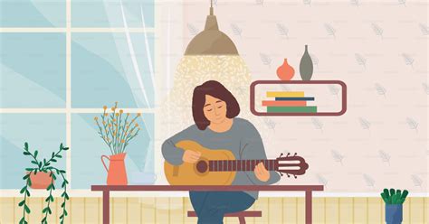 집에서 기타를 치며 쉬고 있는 의자에 앉아 있는 소녀 아름다운 여자는 꽃병 근처에서 음악을 만든다 악기로 휴식을 취하고 예술을 하는 사람 집에서 노래하는 오락 벡터