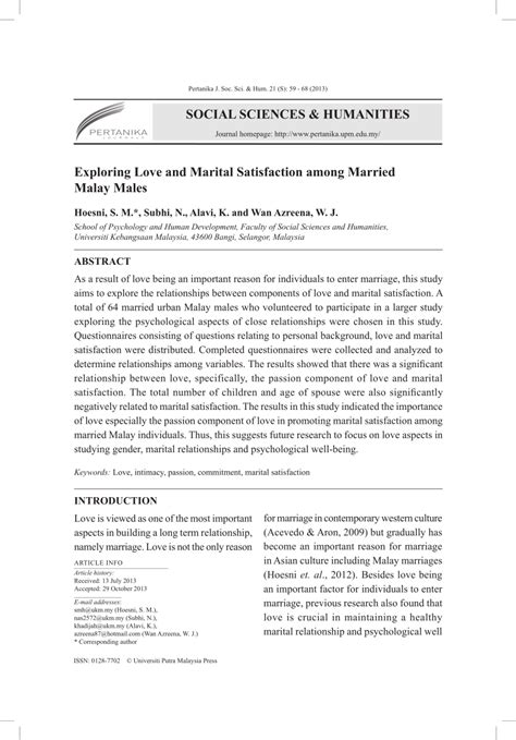 Pdf Exploring Love And Marital Satisfaction Among Married Malay Males