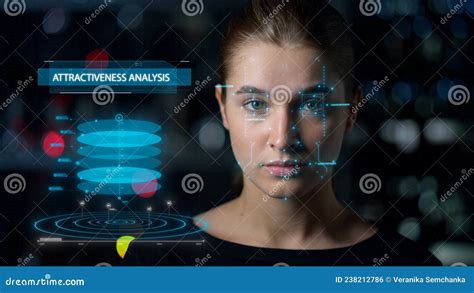Close Up Attractiveness Analysis Face Scan Process Researching Woman Biometrics Stock Photo