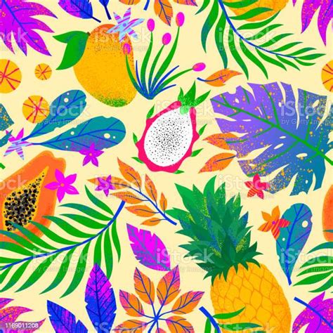 손으로 그린 열대 잎 이국적인 과일과 꽃여름 벡터 원활한 패턴 과일에 대한 스톡 벡터 아트 및 기타 이미지 과일 식물 0