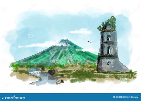 Scenic Mayon Volcano Philippines Art Stock Illustration