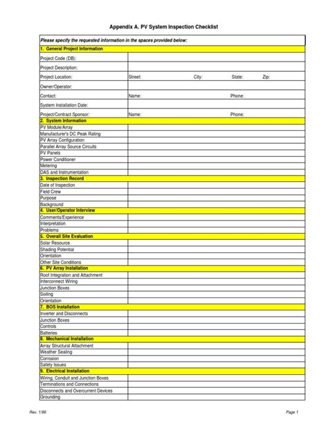 Appendix A Pv System Inspection Checklist 1 General Project Information Pdf Photovoltaic
