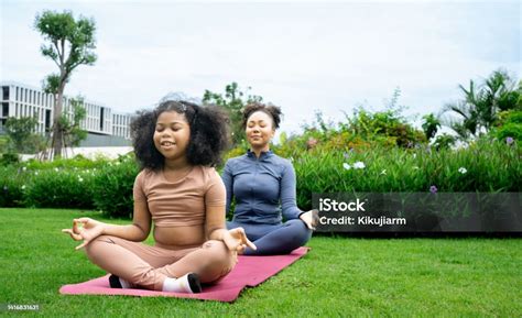 아프리카 계 미국인 어머니 딸은 낮에 공원의 풀밭에서 요가 운동을합니다 야외에서 즐거운 시간을 보내는 사람들 친절한 가족과 여름