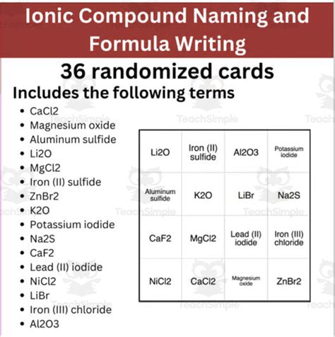Ionic Compound Naming And Formula Writing Science Bingo Activity By