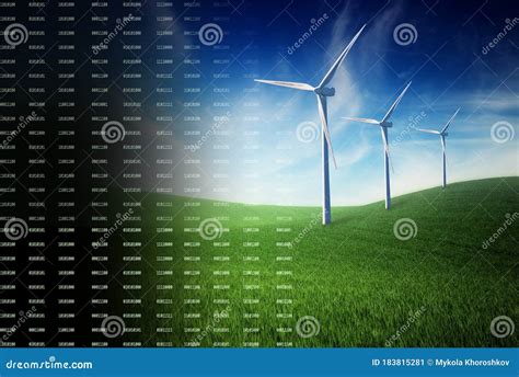 Digital Composite Of Binary Code Creating Landscape With Wind Turbines