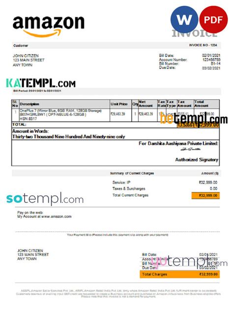 Usa Amazon Invoice Template In Word And Pdf Format Fully Editable Katempl