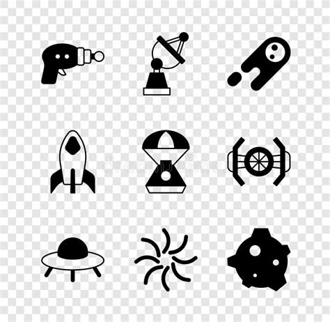 Set Ray Gun Satellite Dish Comet Falling Down Fast Ufo Flying Spaceship Black Hole Asteroid