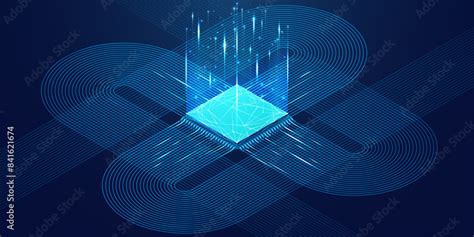 Abstract Isometric Ai Chip Or Cpu Processor Front Side Bus And Circuit Circle Connected Lines