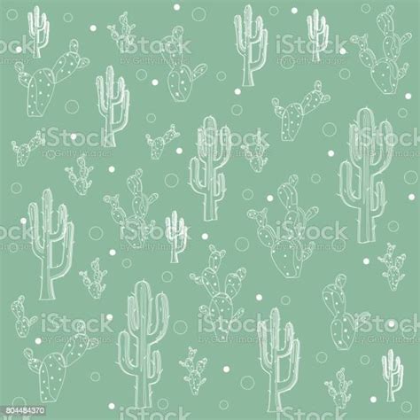 원활한 낙서 녹색 배경 위에 손으로 그려진된 선인장 패턴입니다 벡터 일러스트 레이 션 0명에 대한 스톡 벡터 아트 및 기타 이미지 0명 귀여운 꽃 식물 Istock