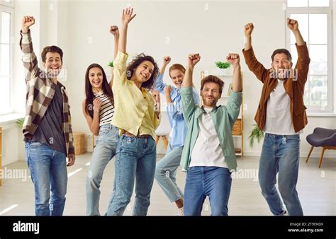 Group Of Excited Happy People Friends Students Or Colleagues Having Fun