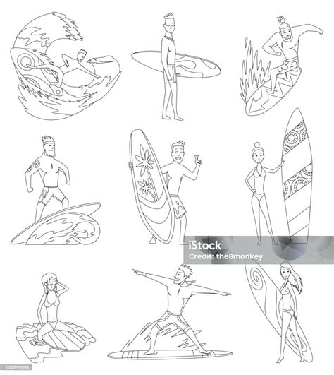 파도에 타고 있는 서핑 보더 색칠 하기 책 다른 포즈에 서핑 보드와 함께 남자 서퍼 벡터 일러스트 컬러링 북 페이지 일러스트레이션 기법에 대한 스톡 벡터 아트 및 기타