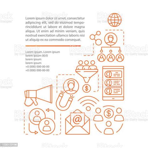 추천 바이러스 성 마케팅 프로그램 기사 페이지 벡터 템플릿 브로셔 잡지 선형 아이콘과 텍스트 상자소책자 디자인 요소 인쇄 디자인 텍스트 공간이 있는 개념 그림 개념에 대한