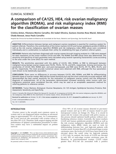 Pdf A Comparison Of Ca125 He4 Risk Ovarian Malignancy Algorithm Roma And Risk Malignancy